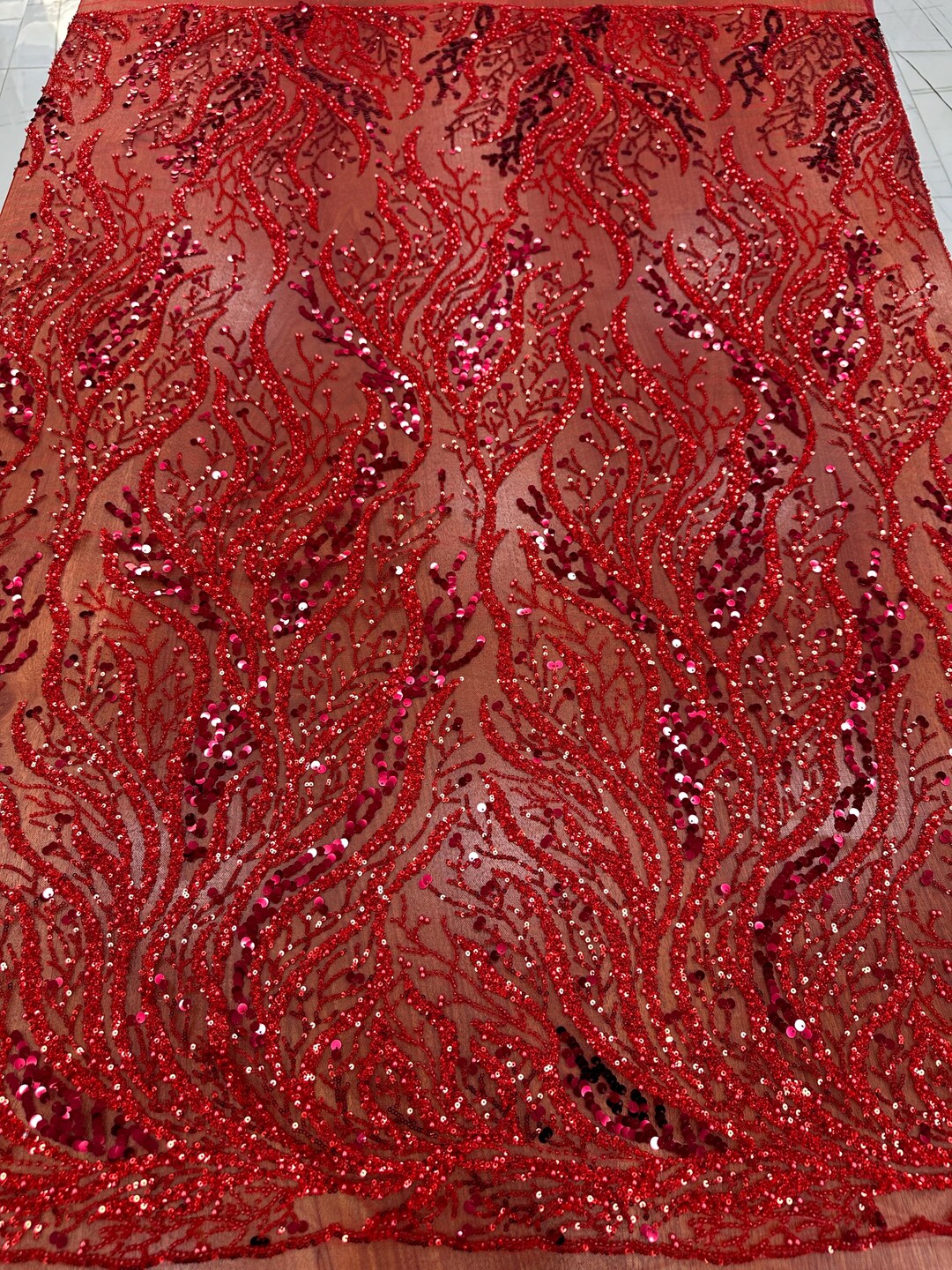 Luxury Red Sequin Embroidered Mesh Fabric Bridal Evening Gowns Couture ...