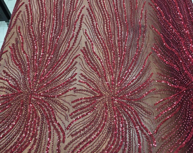 Burgundy Sequined Lace Fabric, Luxury Beaded ,lace Fabric by the Yard ...