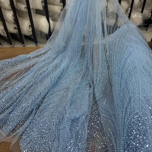 Soft Baby Blue Tulle Lace Fabric, by the Yard, Pearl and Sequin ...