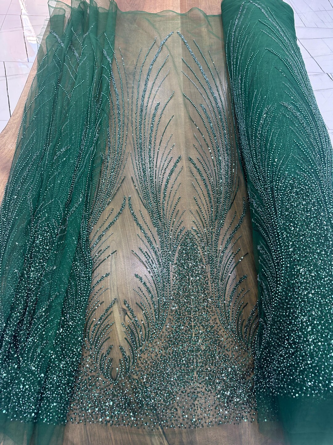 Elegant Emerald Green Tulle Lace Fabric by the Yard Pearl Sequin ...