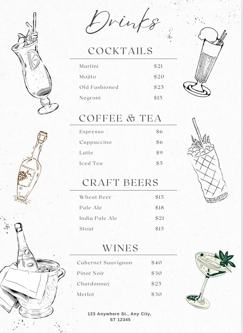 Drink/bar Menu, for Weddings or Special Occasions- Customizable - Etsy