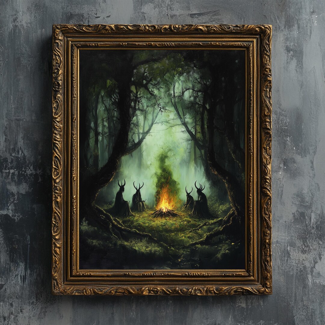 Forest Horned Witches Magic Fire - Fine Art Print, Mystical Night Woods ...