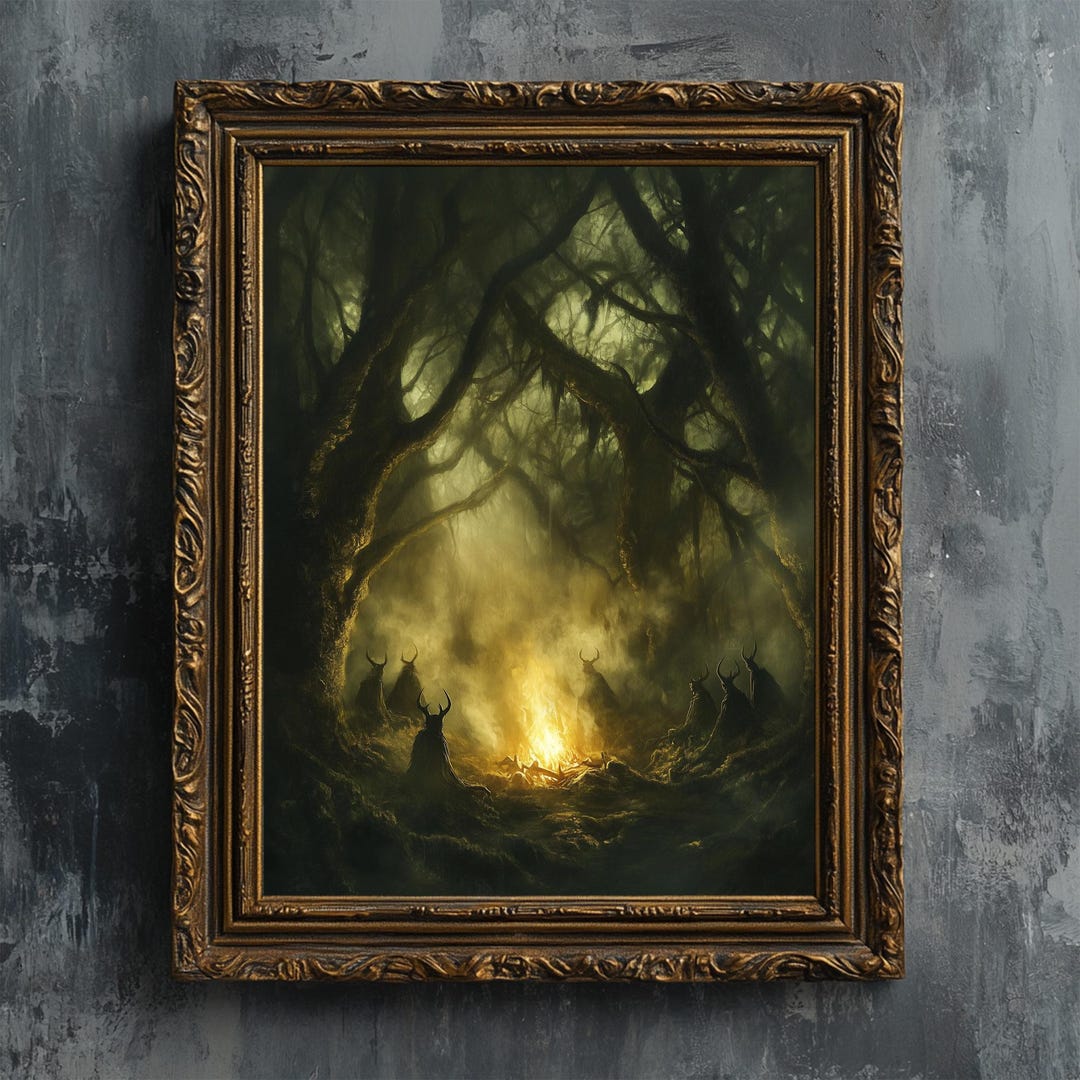 Creepy Forest Witches, Ritual Fire — Fine Art Print, Mystical Night ...