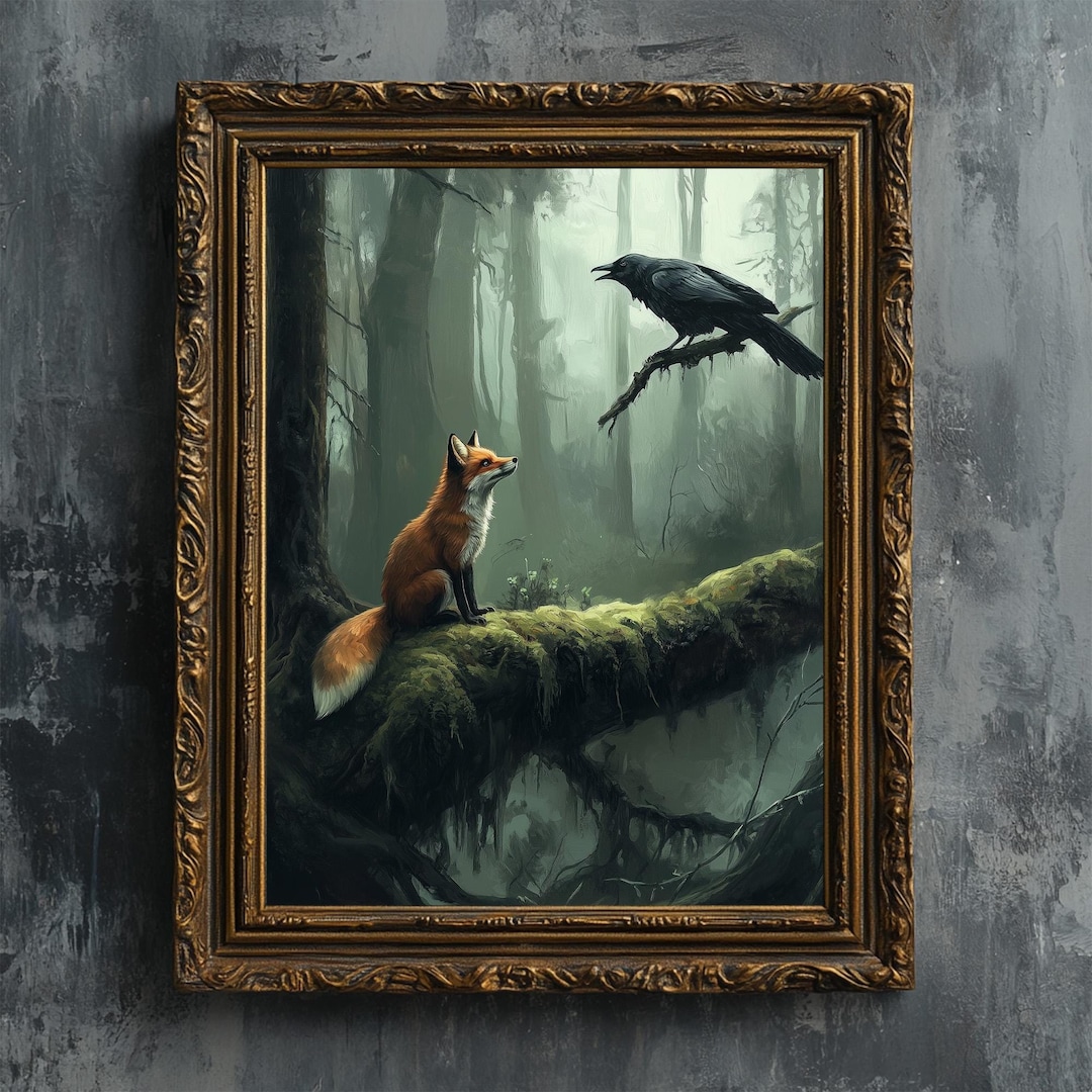 Fox & Raven in Misty Forest - Fine Art Print, Enchanted Forest Digital ...
