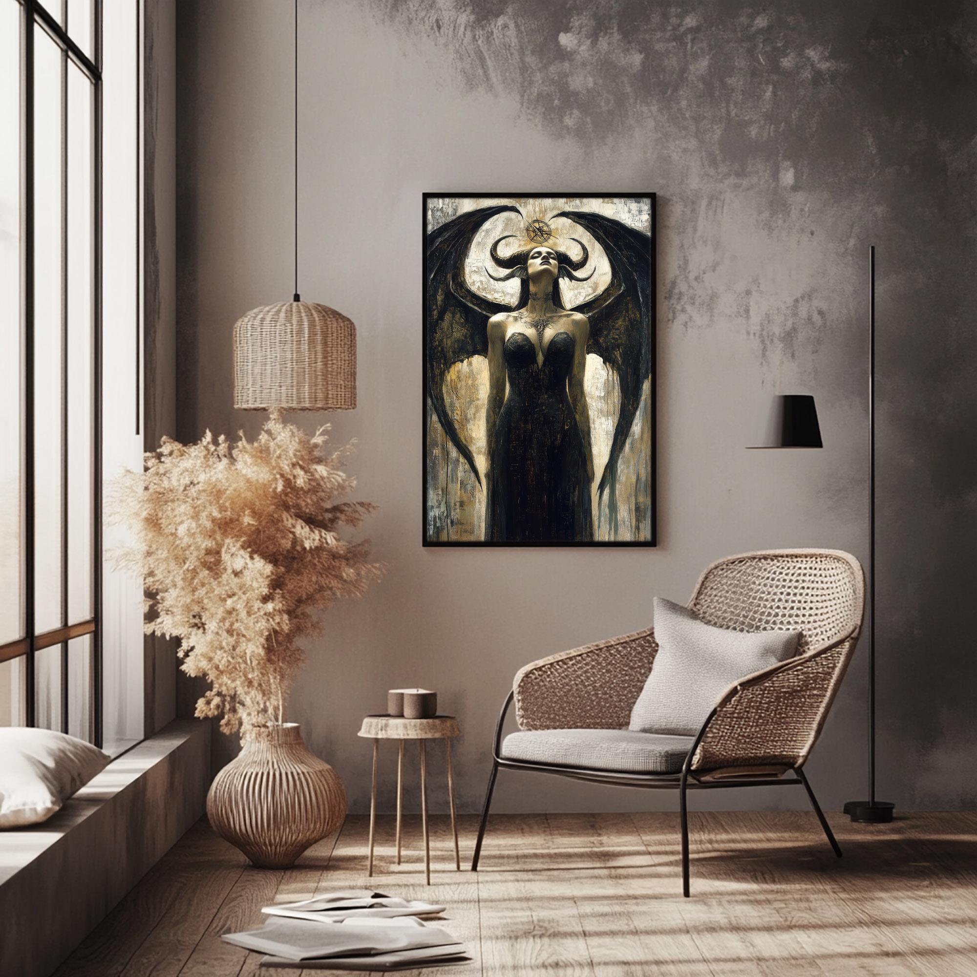 Lilith Goddess in Black Dress - Fine Art Print, Beatiful Horned Female ...