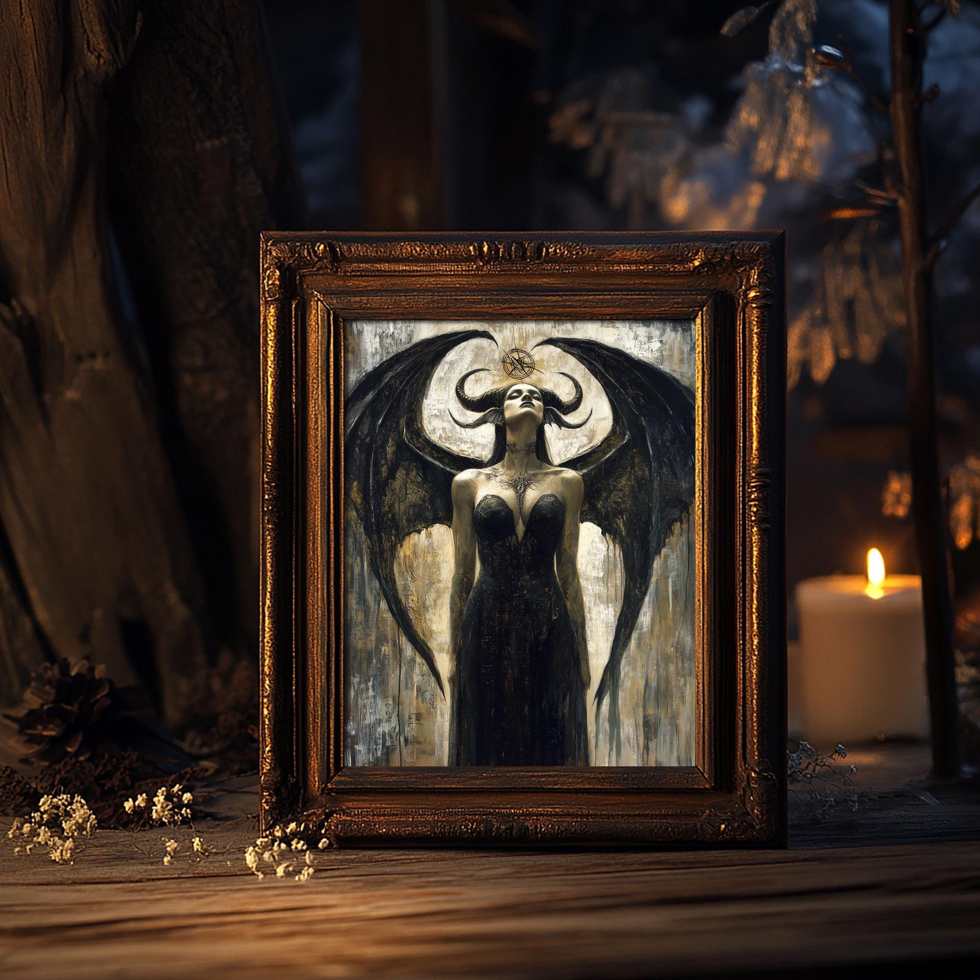 Lilith Goddess in Black Dress Fine Art Print, Beatiful Horned Female ...