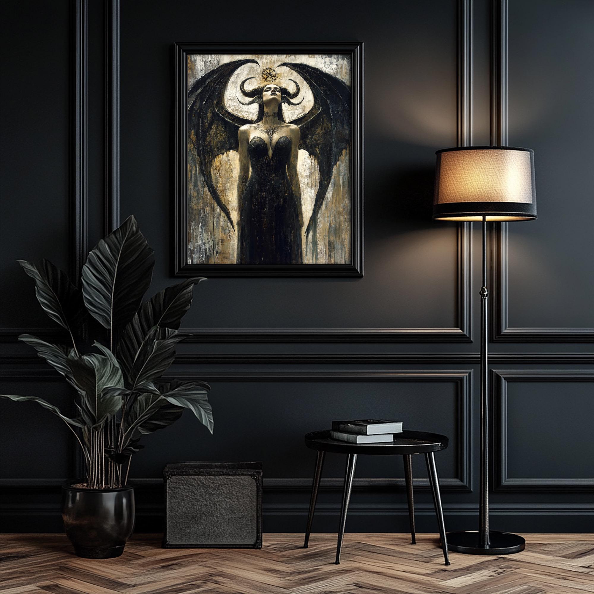 Lilith Goddess in Black Dress - Fine Art Print, Beatiful Horned Female ...