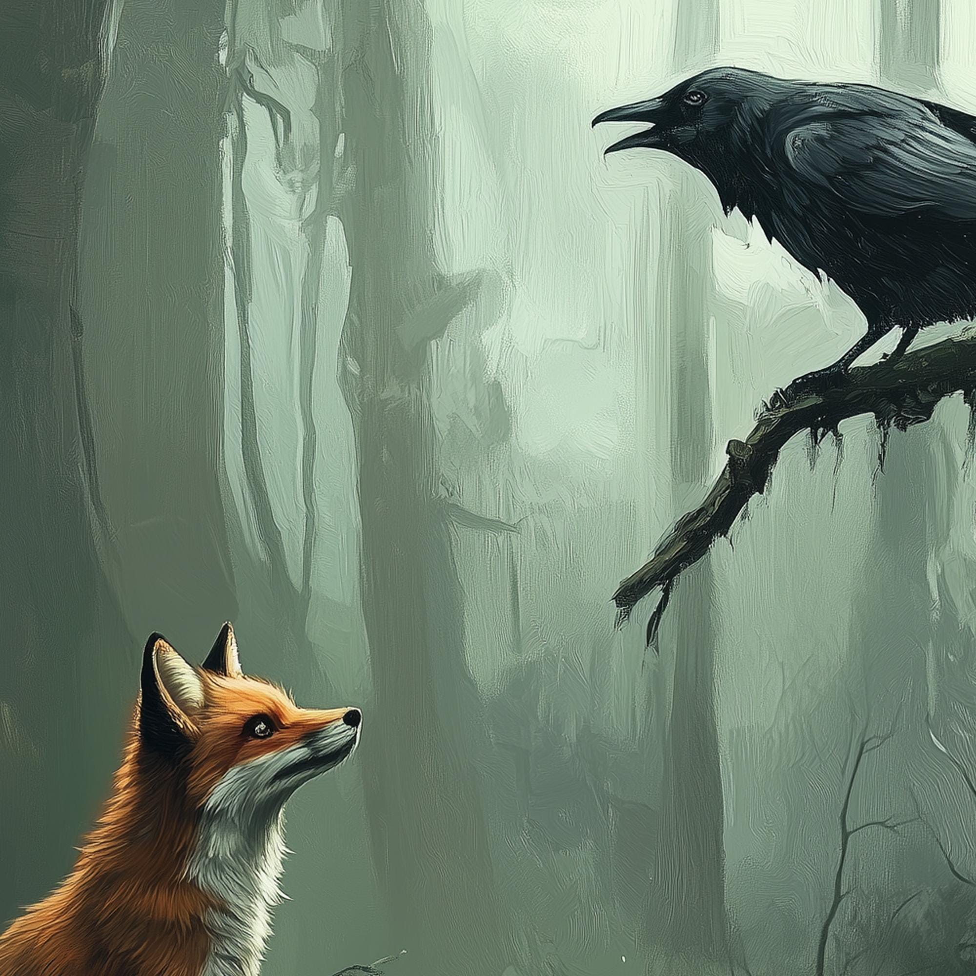 Fox & Raven in Misty Forest - Fine Art Print, Enchanted Forest Digital ...