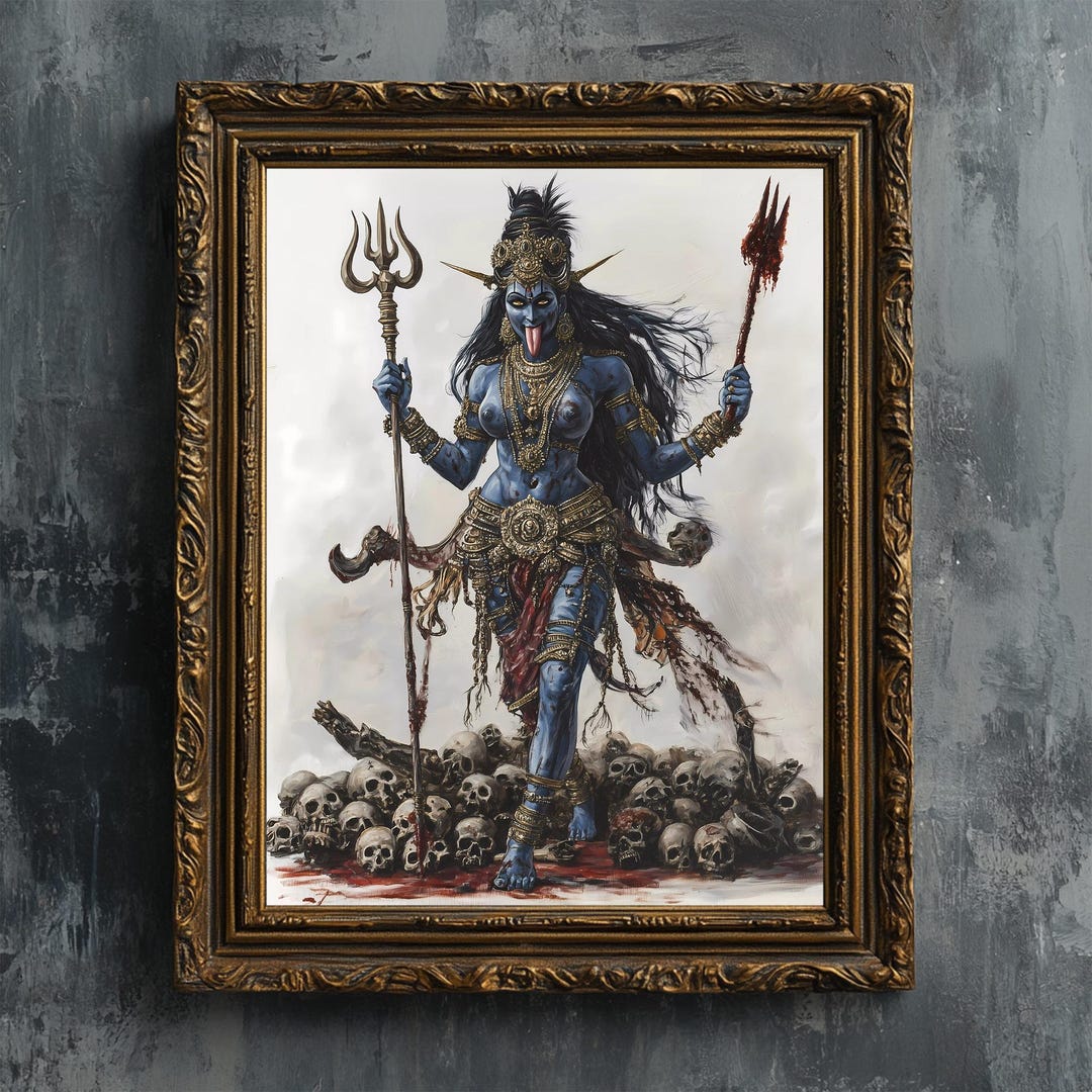 Blue Kali, Hindu Goddess - Fine Art Print, Kalika on Skulls Oil ...
