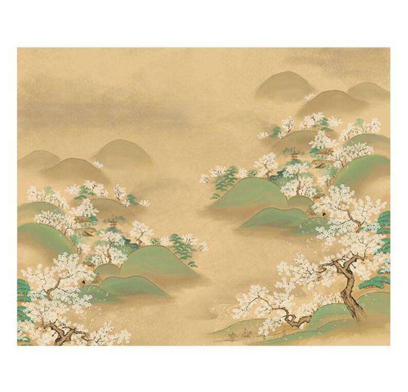 White Mei Blosson Plum Trees Green Mountain Chinoiserie Wallpaper ...