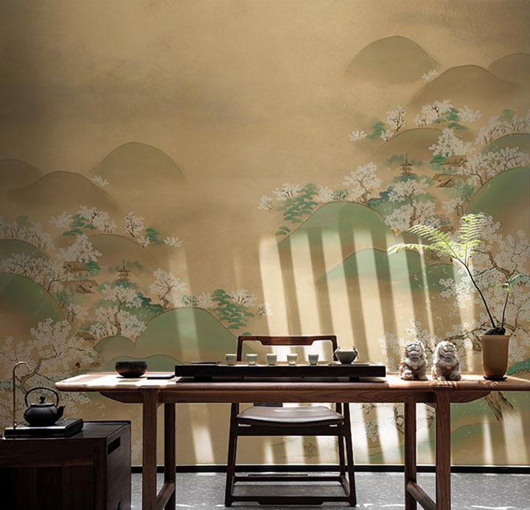 White Mei Blosson Plum Trees Green Mountain Chinoiserie Wallpaper ...