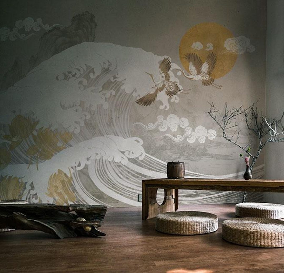 Ocean Waves Moon Cloud Egrets Chinoiserie Wallpaper Illustration | Wall ...