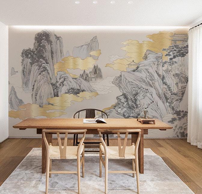 Chinoiserie Wallpaper Illustration gold Mountain Tree River chinoiserie ...