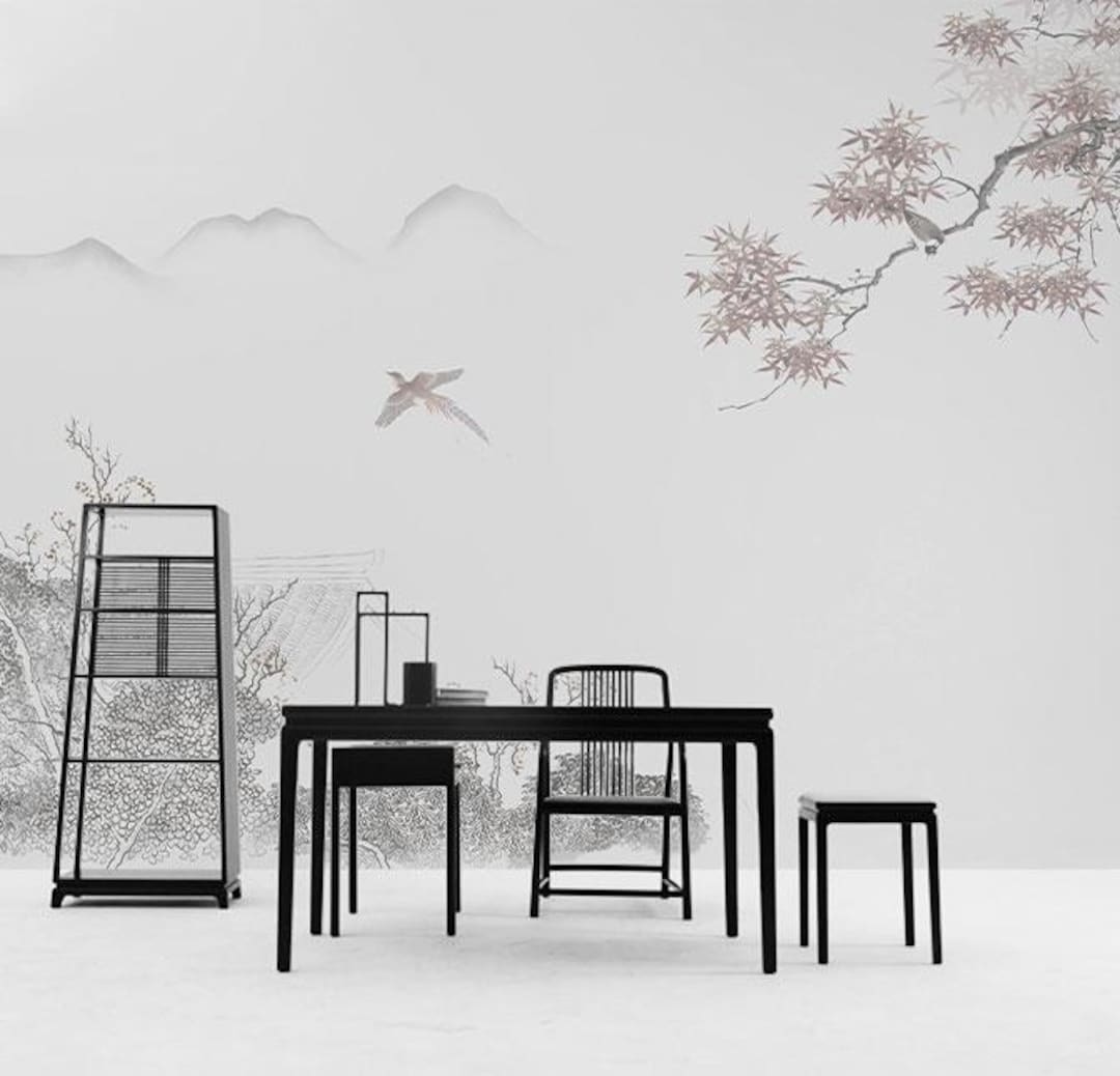 Digital Chinoiserie Wallpaper Oriental Branches and Maple Mount ...