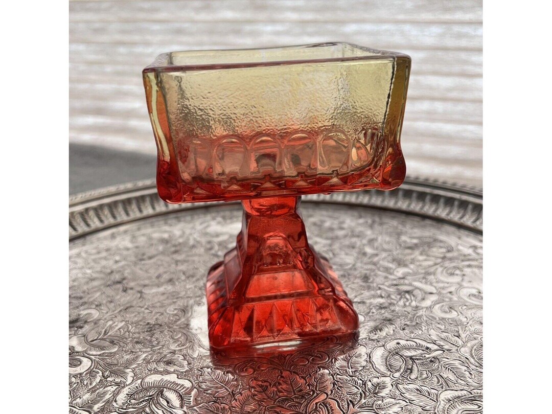 Jeannette Amberina Square Glass Compote Candy Dish Red Yellow Vintage ...