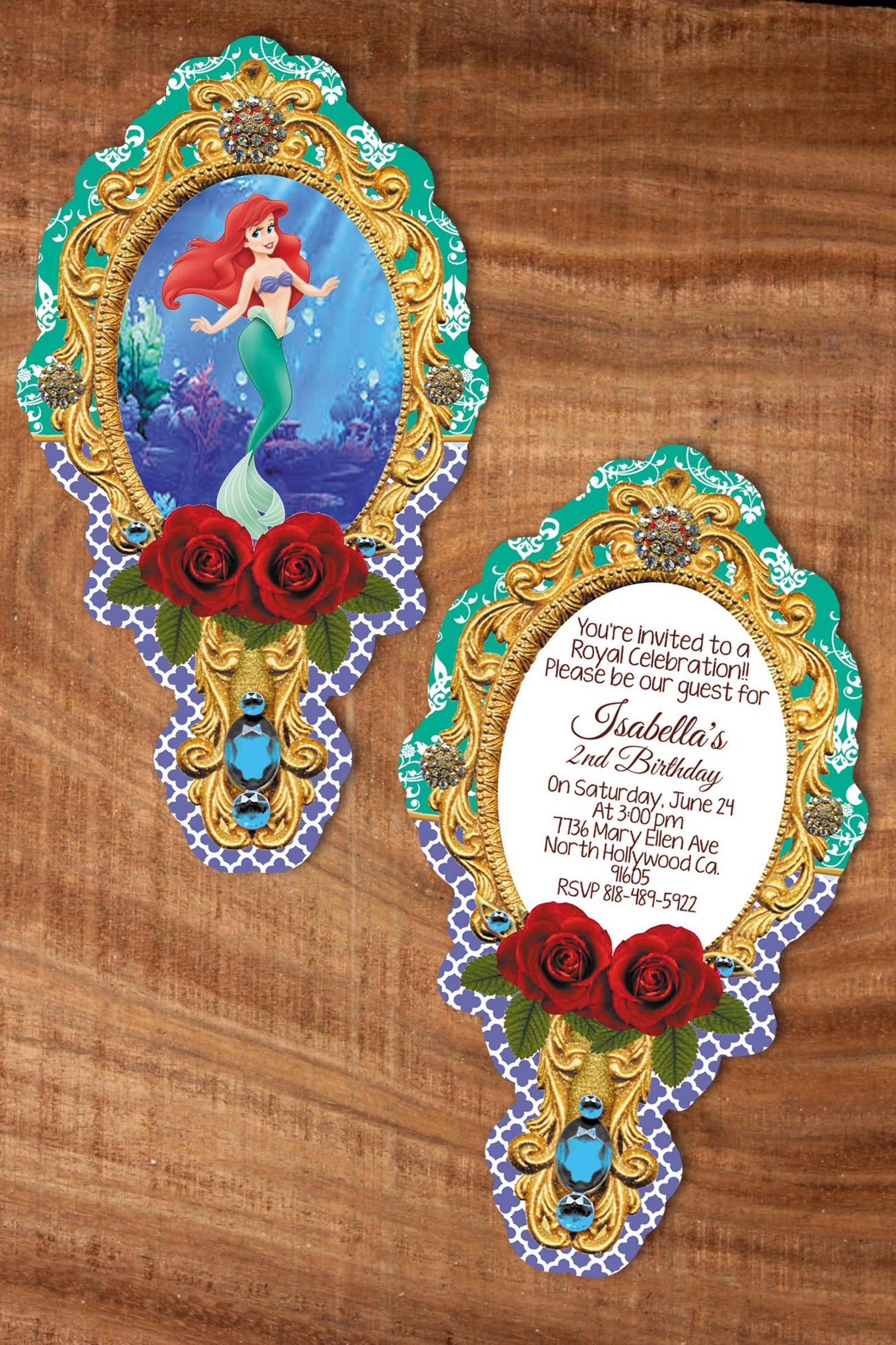 10 Ariel the Little Mermaid Mirror Invitations Printed Front and Back ...