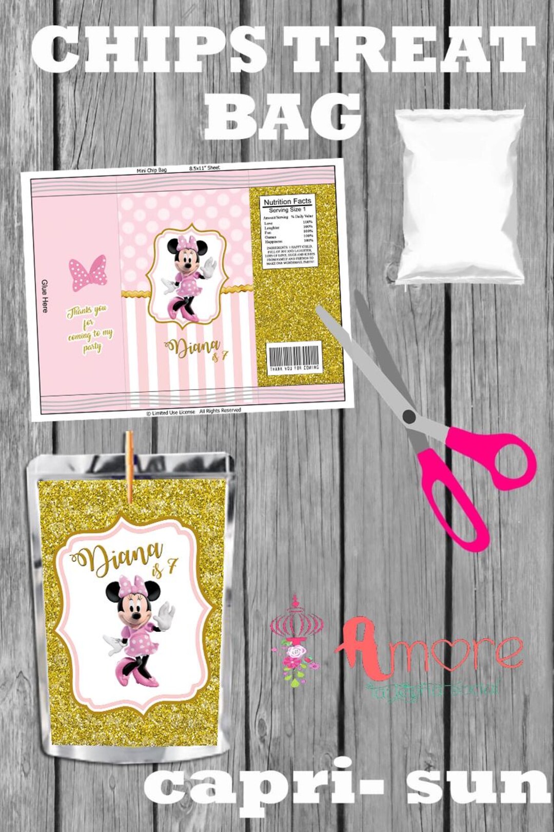 Minnie Mouse Favor Treat Chip Bag Capri Sun Hershey Welsh Water Label ...