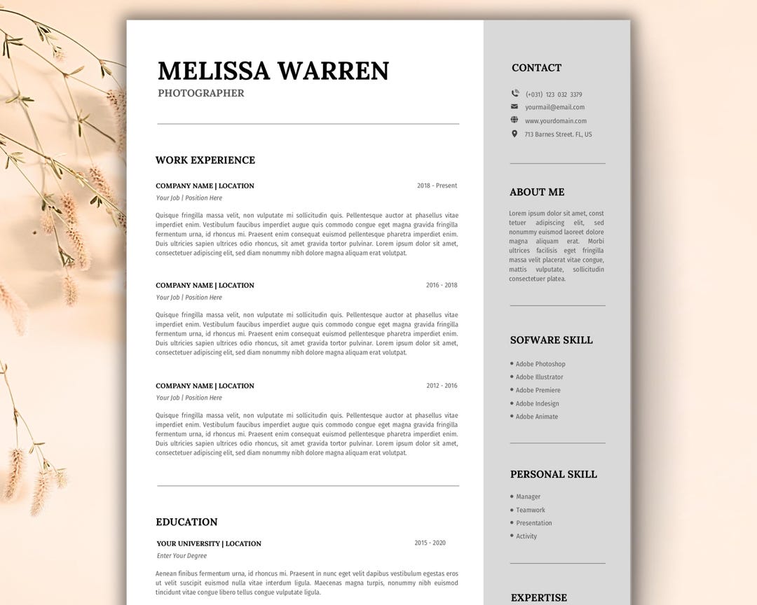 1 Page Resume Template, Editable Microsoft Word Format, Professional ...