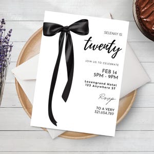 Black Bow Birthday Invitation, Minimalist Black Bow Birthday Invite ...