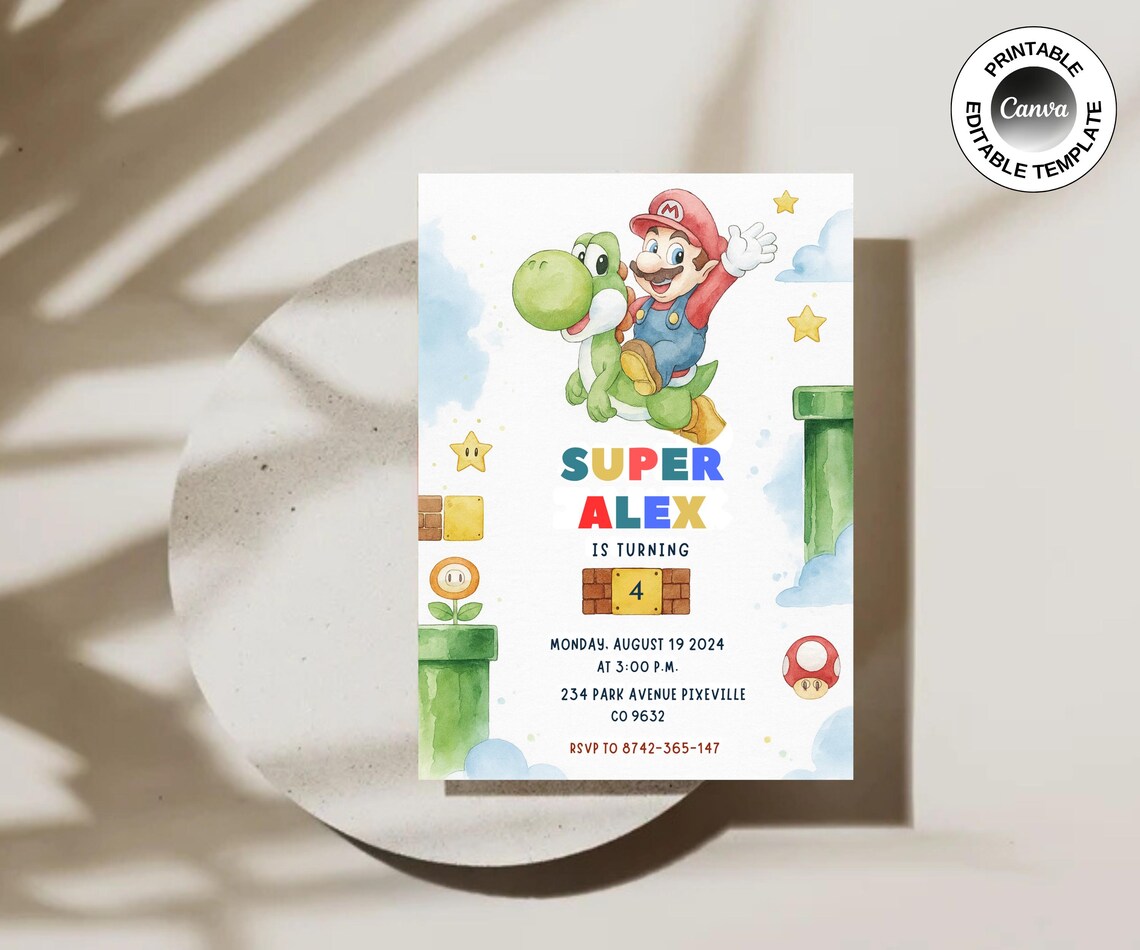 Editable Watercolor Super Mario Birthday Invitation, ANY AGE Nitendo ...