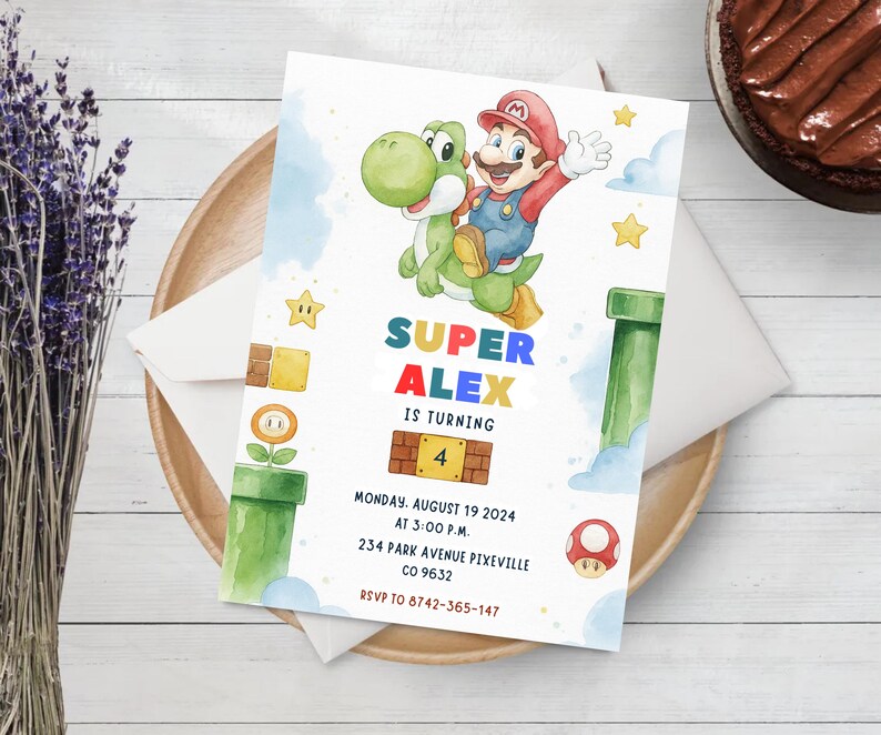 Editable Watercolor Super Mario Birthday Invitation, ANY AGE Nitendo ...