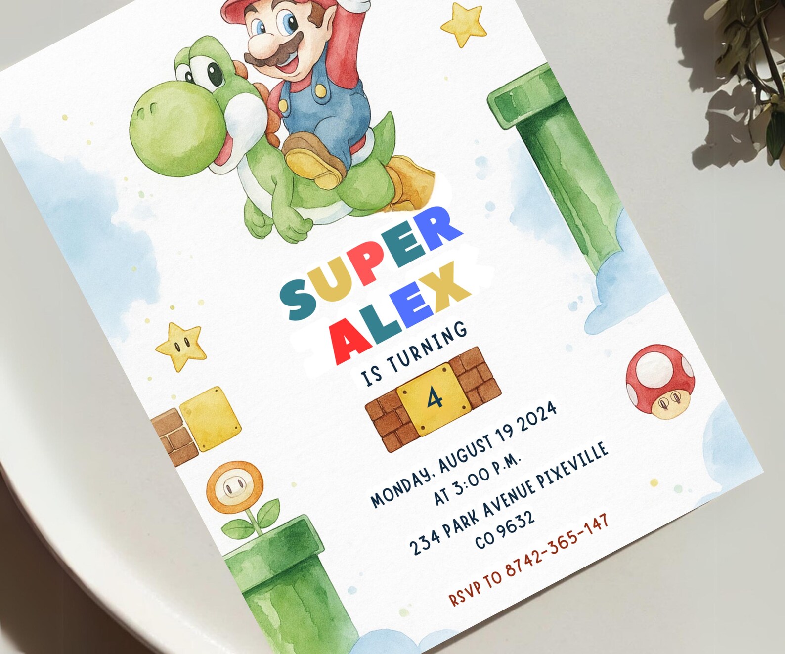 Editable Watercolor Super Mario Birthday Invitation, ANY AGE Nitendo ...