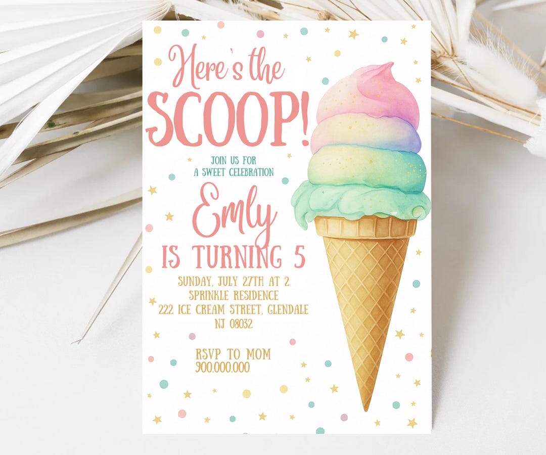 Editable Pastel Ice Cream Birthday Invitation, Pastel 5rd Birthday ...