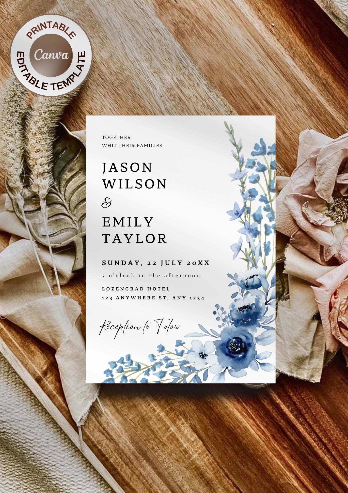 Wildflower Blue Wedding Invitation Template Set, Elegant Floral Light ...
