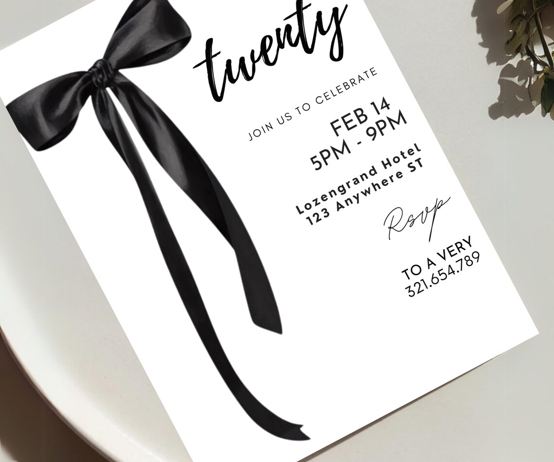 Black Bow Birthday Invitation, Minimalist Black Bow Birthday Invite ...