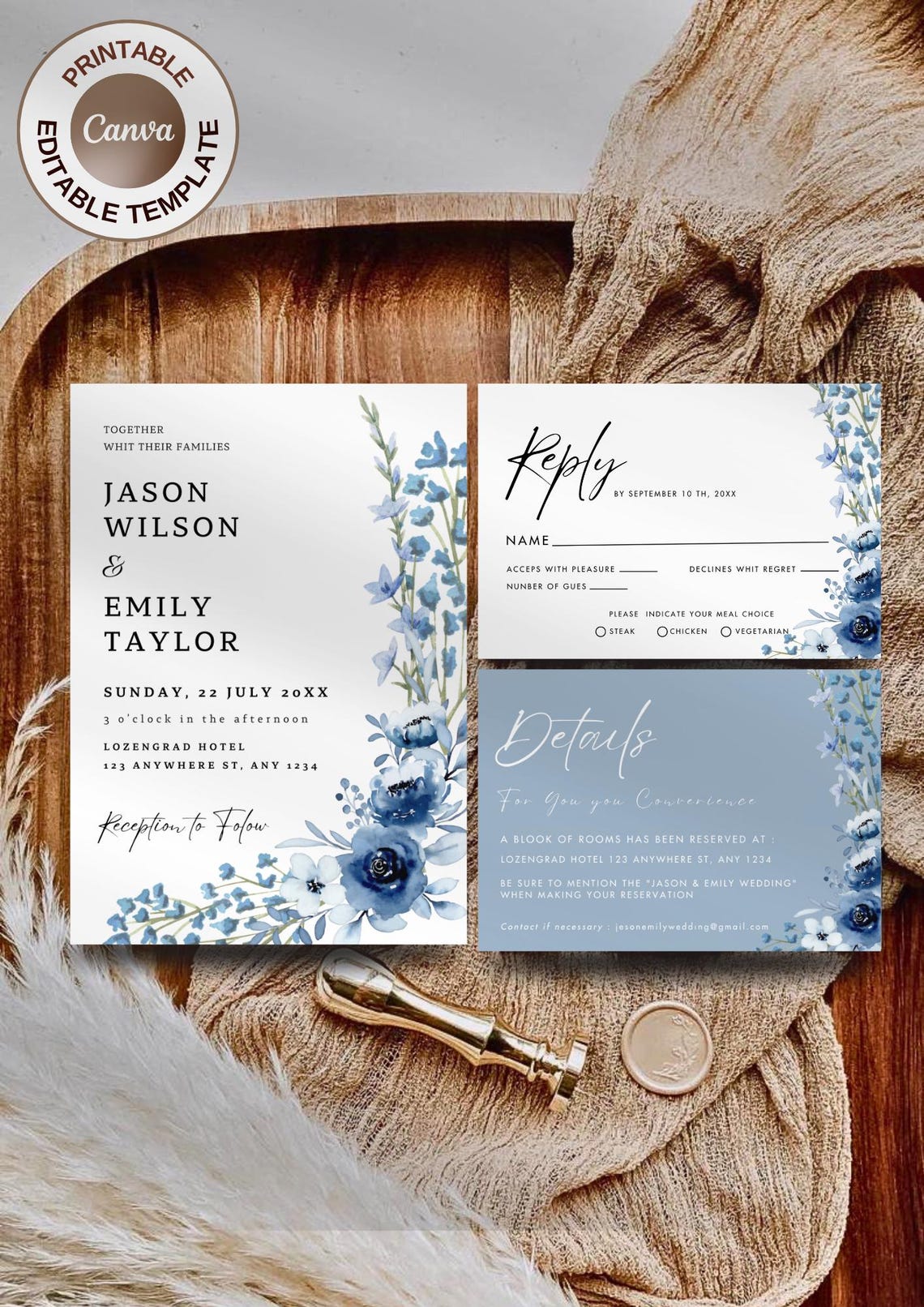 Wildflower Blue Wedding Invitation Template Set, Elegant Floral Light ...