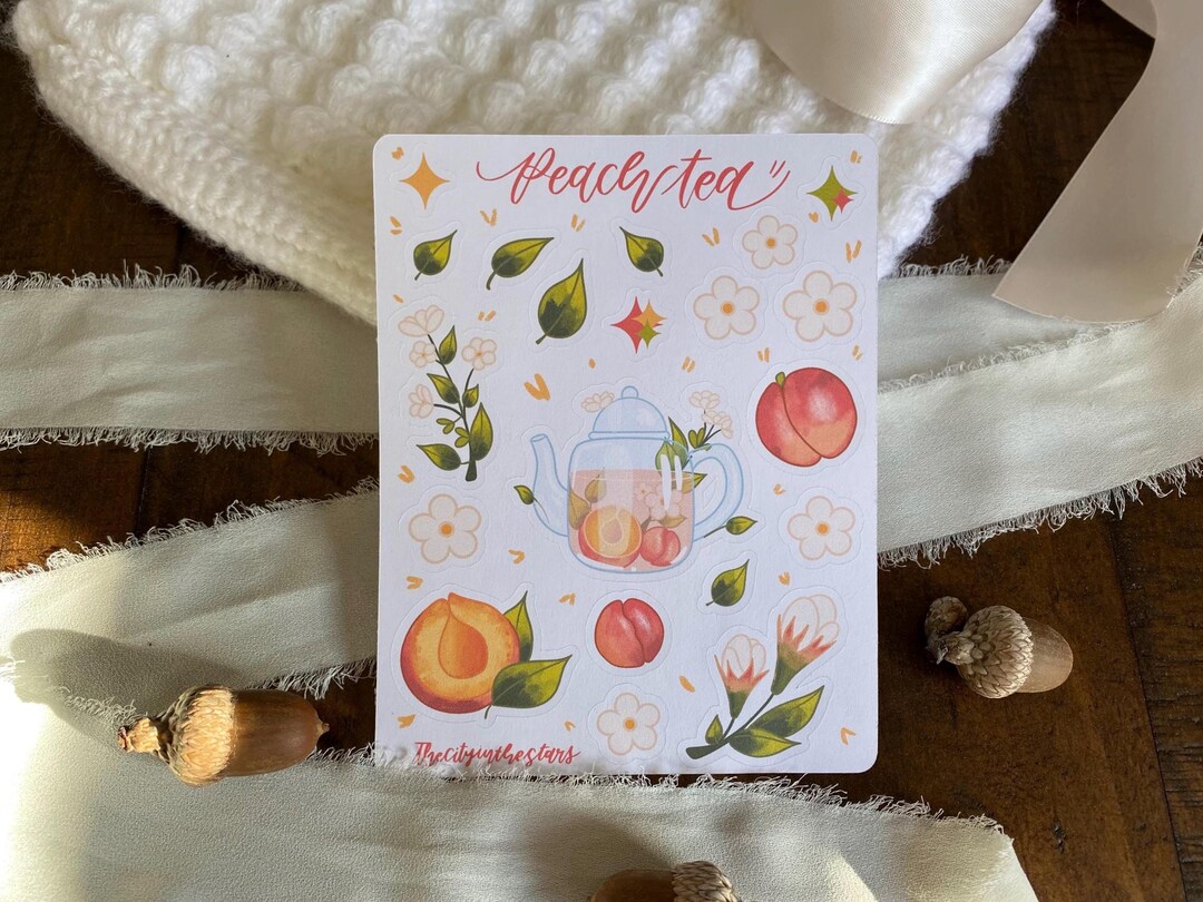 Peach Tea Sticker Sheet | Peach Stickers, Tea Stickers, Flower Stickers ...