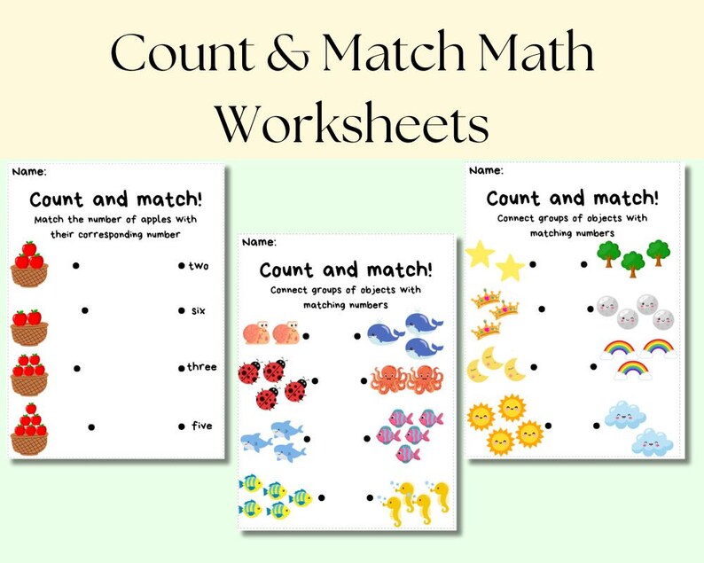 Preschool Count and Match Math Learning Worksheets, Preschool Math ...