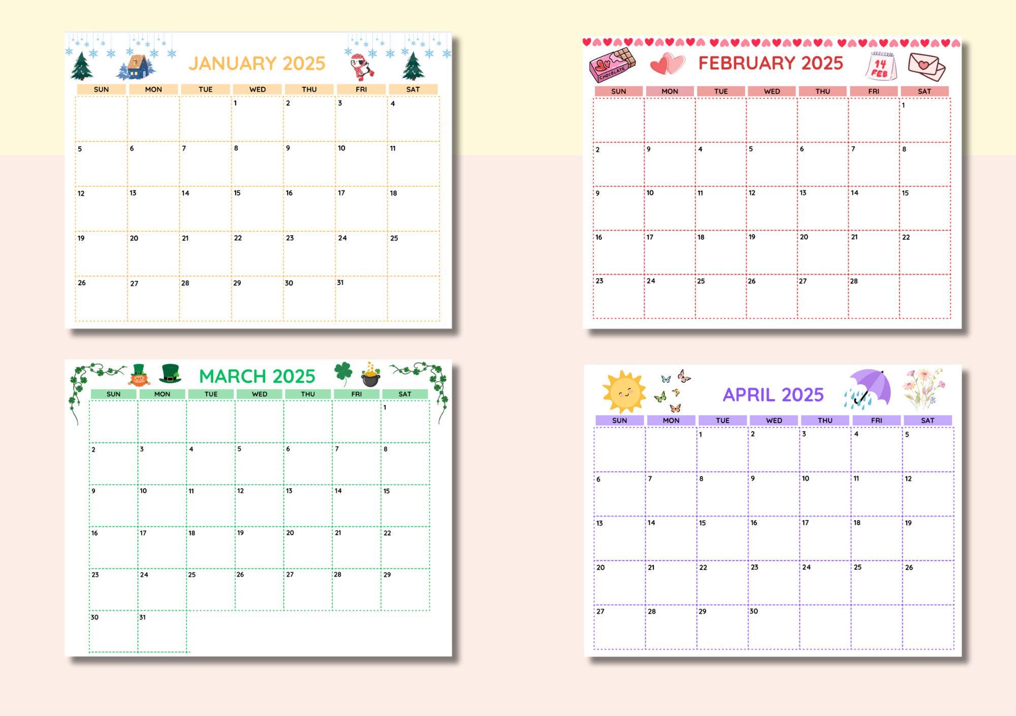 2025 Calendar Printable, Cute Kids Calendar 2025, Wall Calendar PDF ...