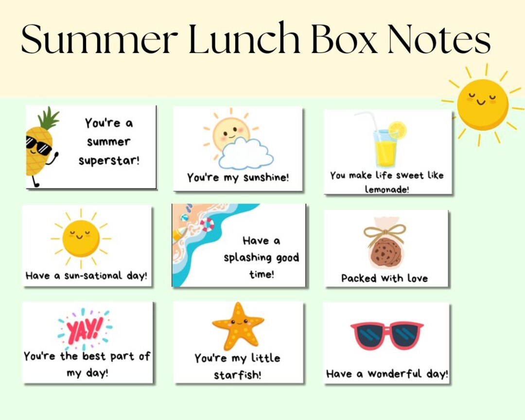 Summer Lunchbox Notes, Lunch Box Notes Printable, Lunch Notes for Kids ...