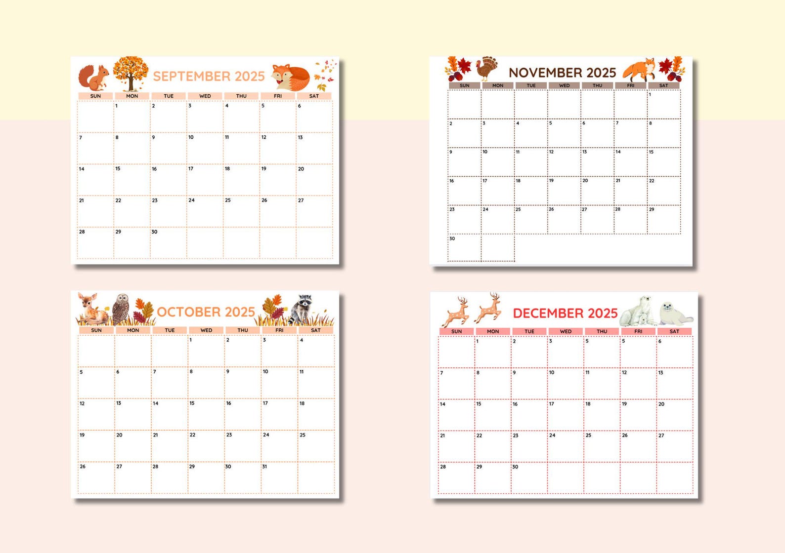 2025 Animals Calendar Printable, Cute Calendar 2025, Wall Calendar for ...