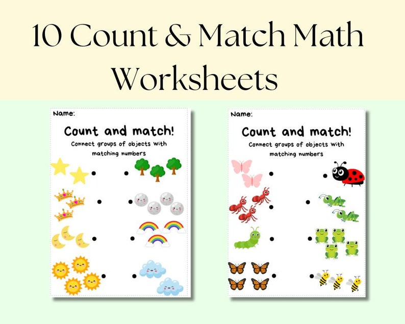 Preschool Count and Match Math Learning Worksheets, Preschool Math ...