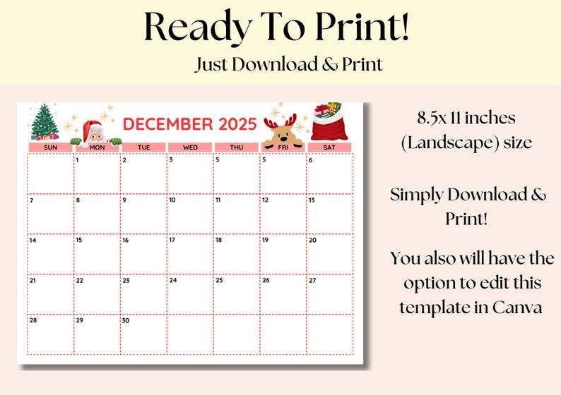 2025 Calendar Printable, Cute Kids Calendar 2025, Wall Calendar PDF ...