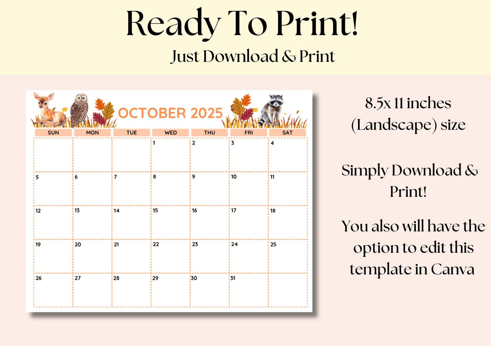 2025 Animals Calendar Printable, Cute Calendar 2025, Wall Calendar for ...
