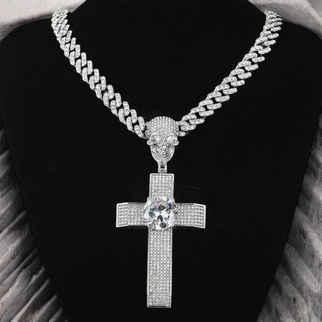 Iced Out Large Cross Chain Big Cross Necklace, Cuban Chain, Oversized ...