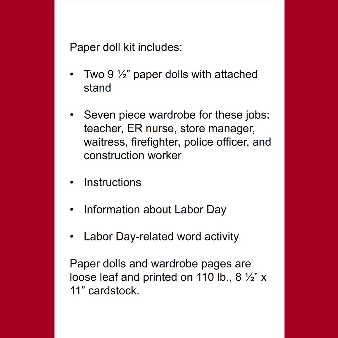 Labor Day American Worker Paper Dolls Kit Labor Union Federal Holiday ...