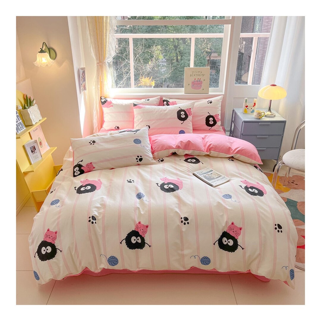 Pink Cat Duvet Cover Set, Soot Sprites Duvet Cover With Pillowcase, 100 ...