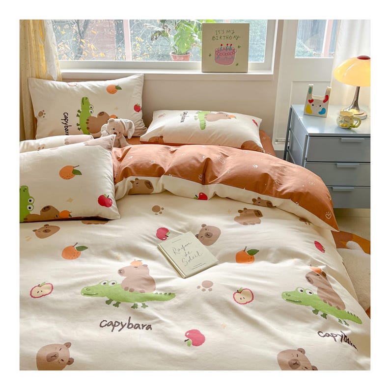 Cute Aminal Duvet Cover Set, Capybara and Schnappi Duvet Cover, 100% ...