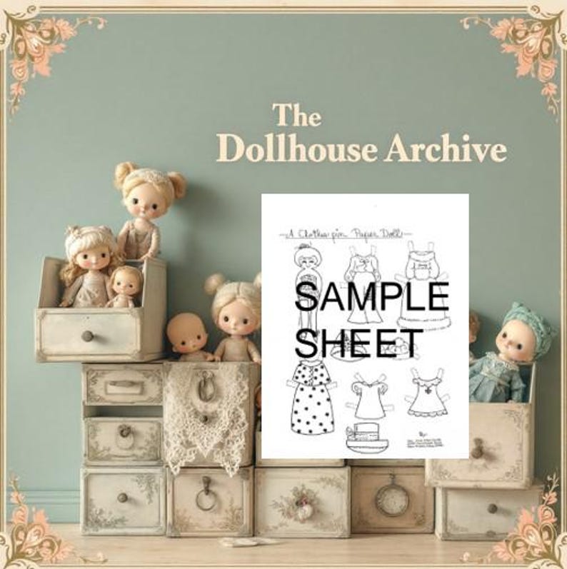 Printable Clothes Pin Paper Doll Set: Vintage Coloring Page (digital ...
