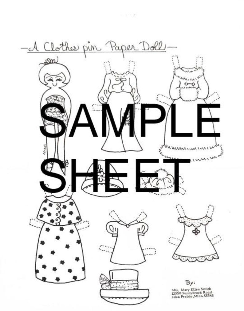 Printable Clothes Pin Paper Doll Set: Vintage Coloring Page (digital ...