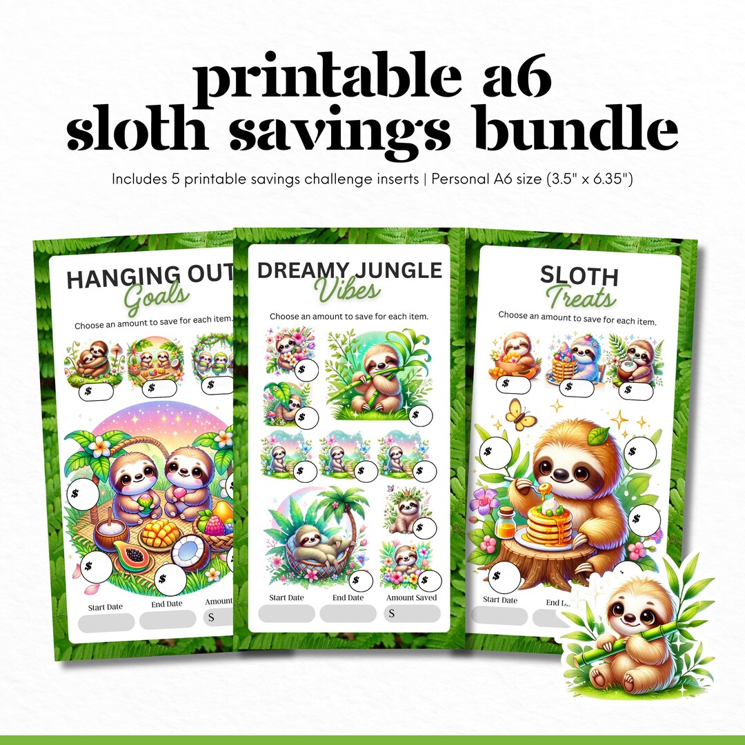 Printable A6 Sloth Savings Challenge Bundle, Cash Envelope Insert ...