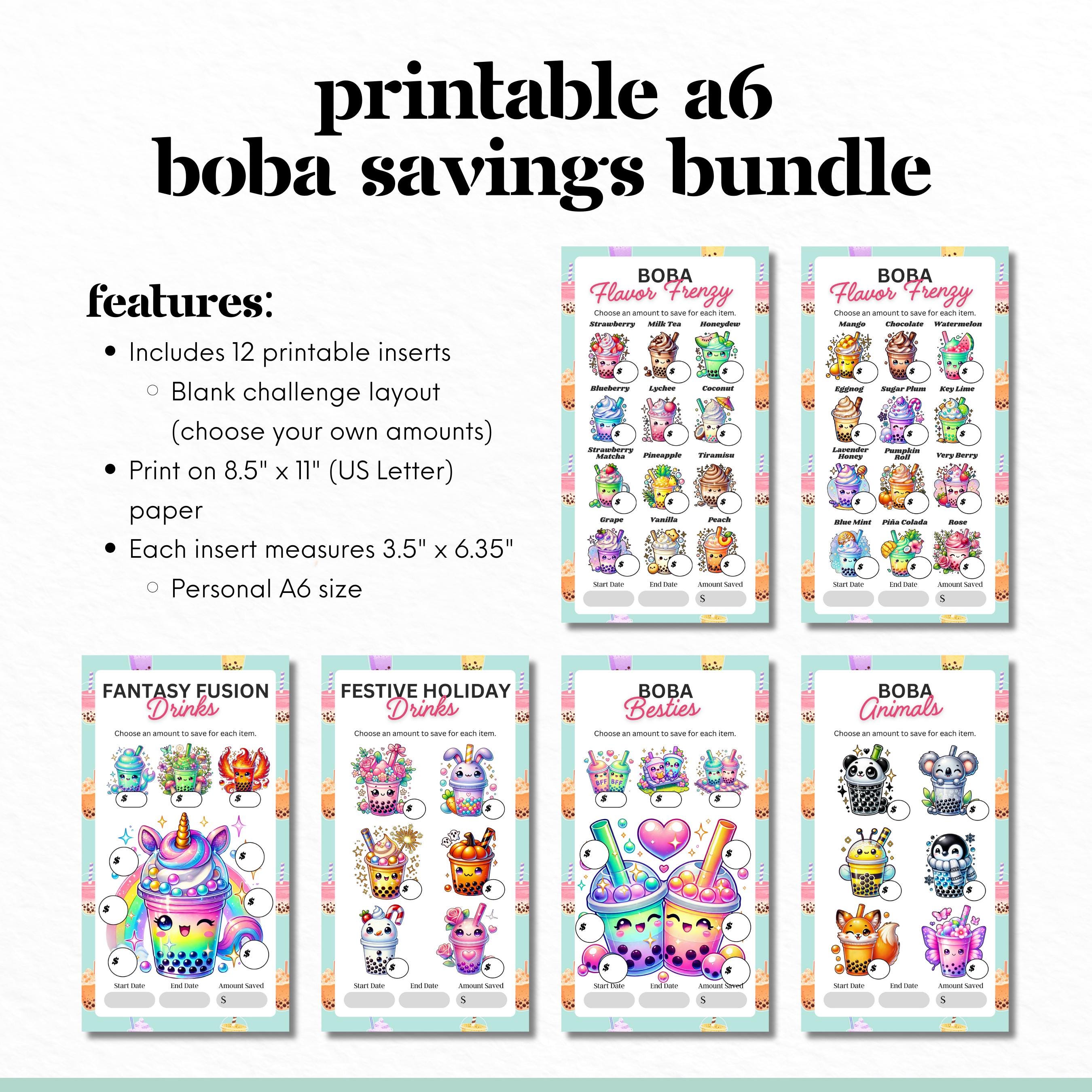 Printable A6 Boba Savings Challenge Bundle, Cash Envelope Insert, Cute ...