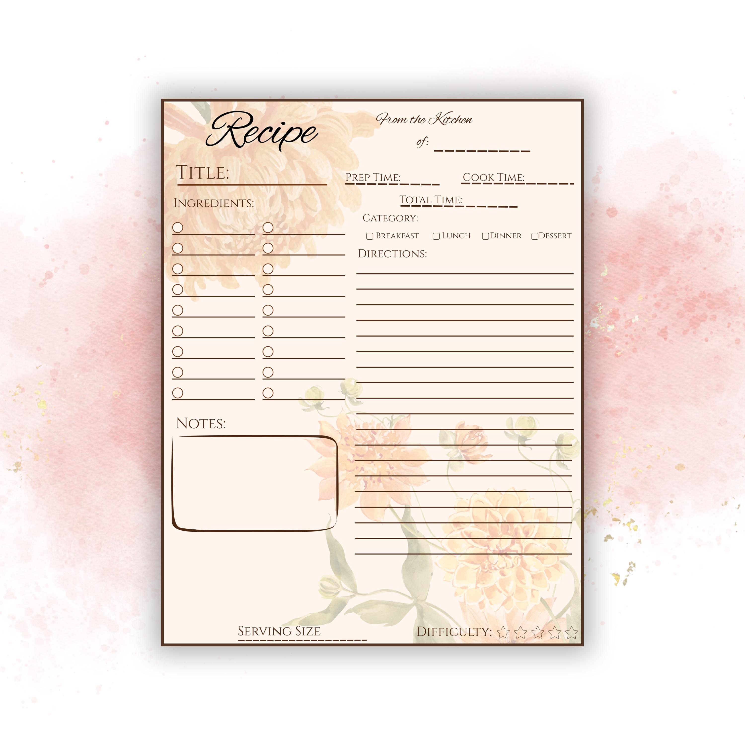 Elegant Floral Recipe Card Bundle | 7 Botanical Designs | Printable ...