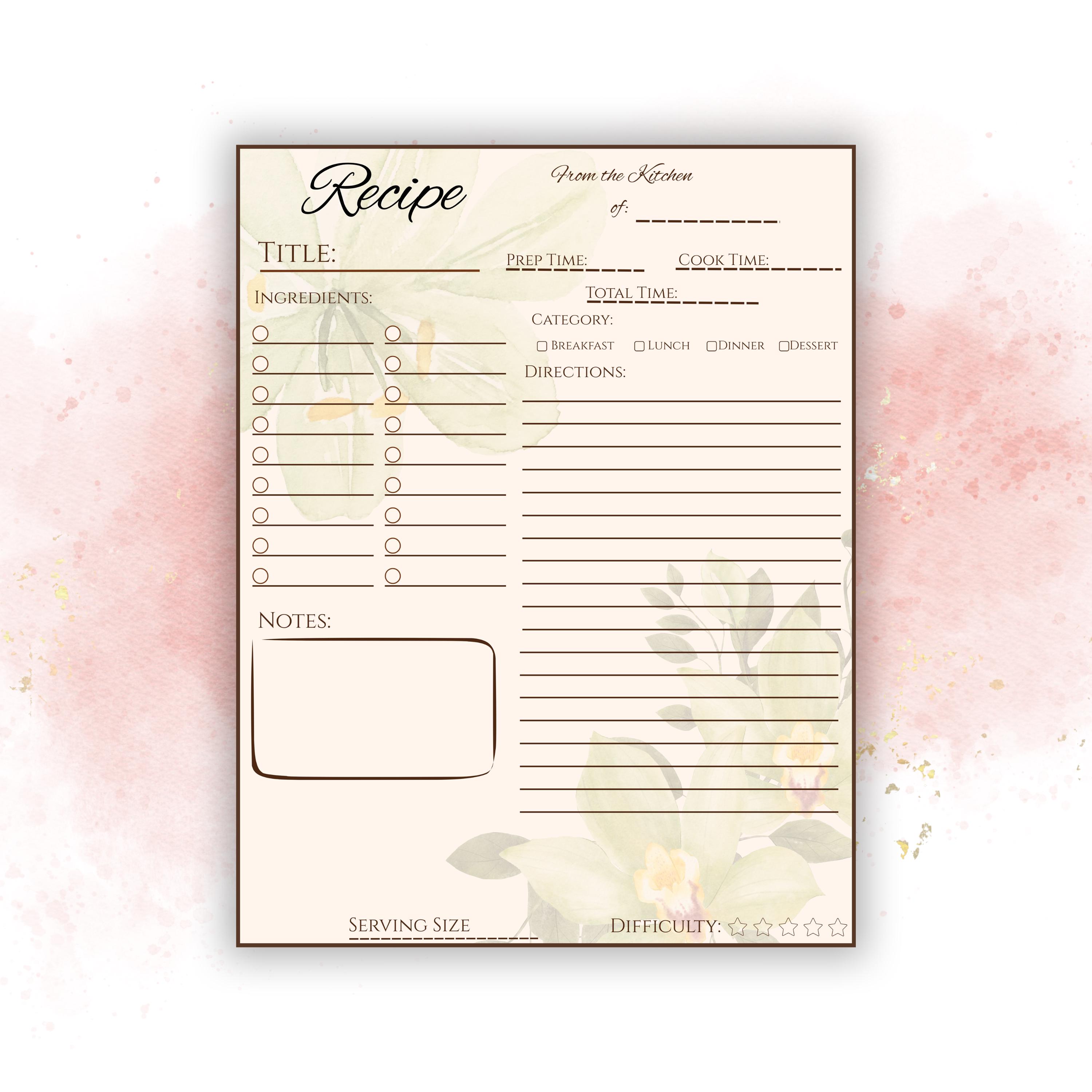 Elegant Floral Recipe Card Bundle | 7 Botanical Designs | Printable ...