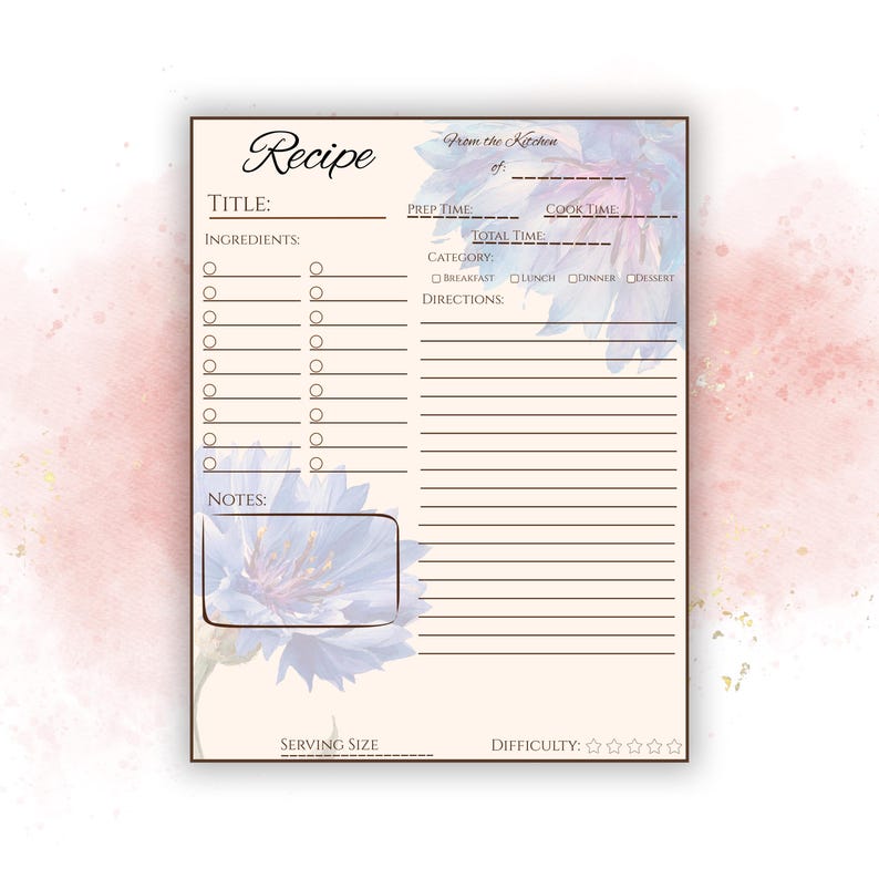 Elegant Floral Recipe Card Bundle | 7 Botanical Designs | Printable ...