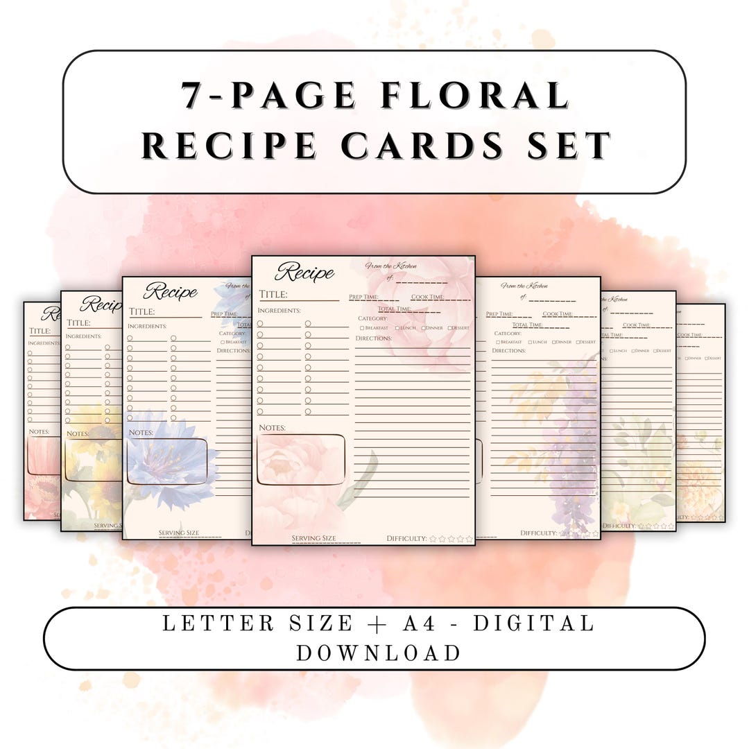 Elegant Floral Recipe Card Bundle | 7 Botanical Designs | Printable ...